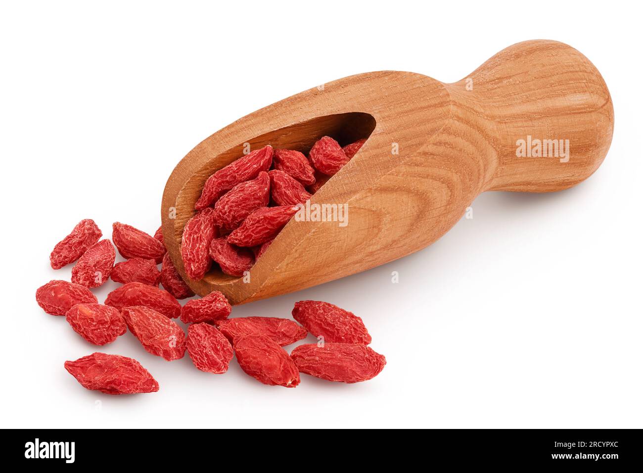Dried goji berries in wooden scoop isolated on white background with ...