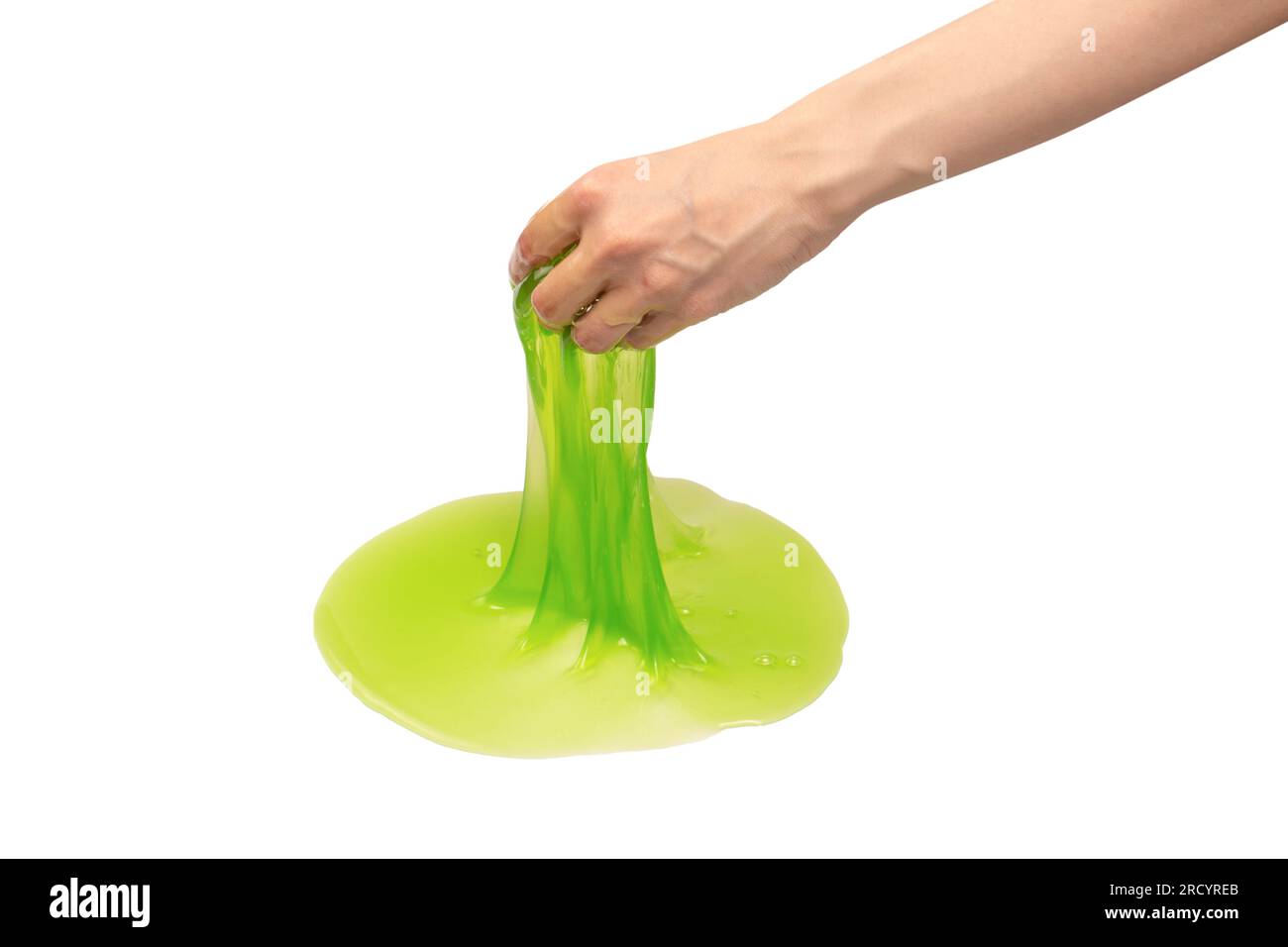 Green slime toy in woman hand with green nails isolated on a white ...