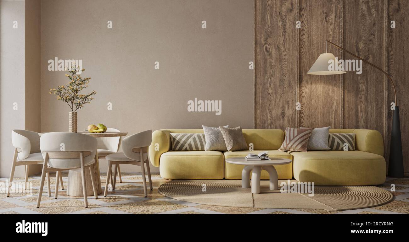Cozy living room interior with wood wall panels. Interior mockup Stock ...