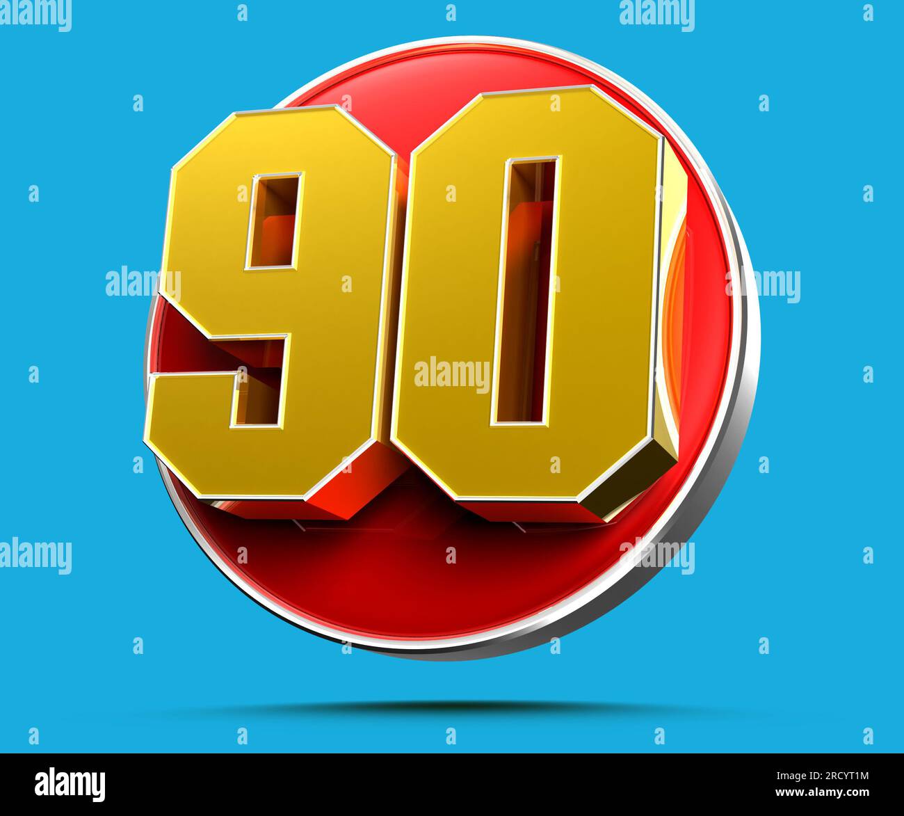 Number 90 yellow polygonal 3D illustration on blue background have work ...
