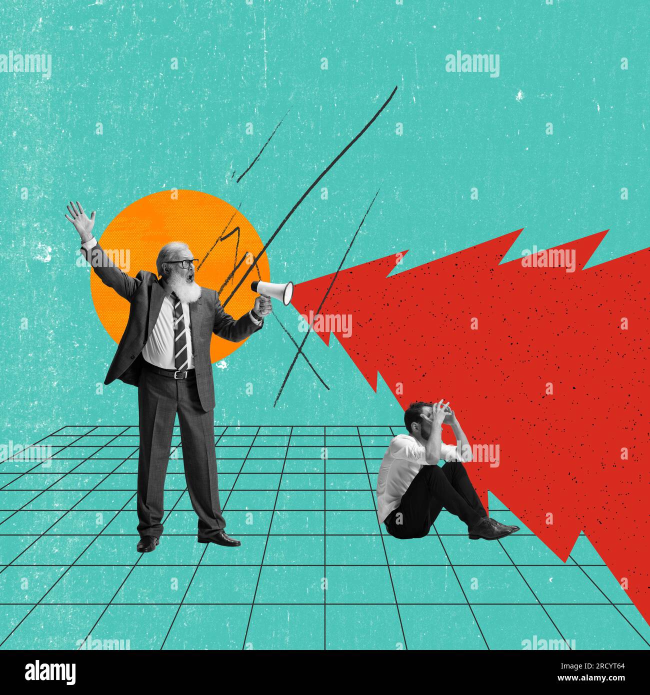 Contemporary art collage. Businessman emotionally shouting in megaphone ...