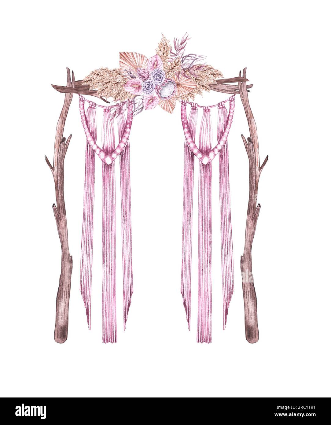 Wedding arch in boho style on a white background. Hand-drawn watercolor ...