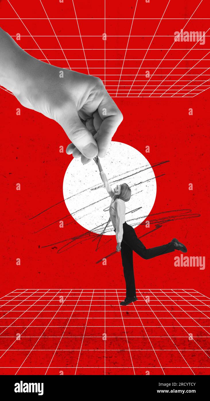 Contemporary art collage. Helping hand. Manager's hand helping female ...