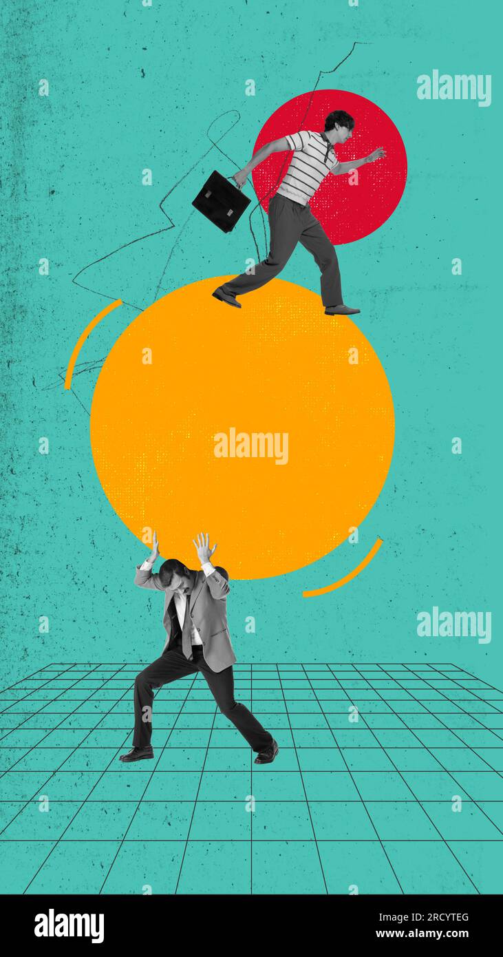 Contemporary art collage. Assistance and support at work. Employee ...