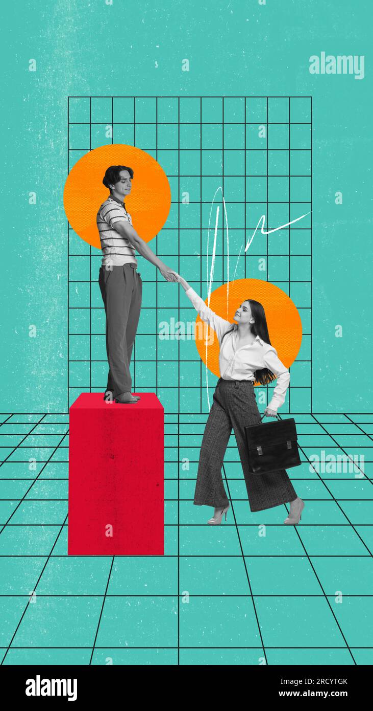 Helping hand. Man helping female employee, trainee. Assistance at work ...