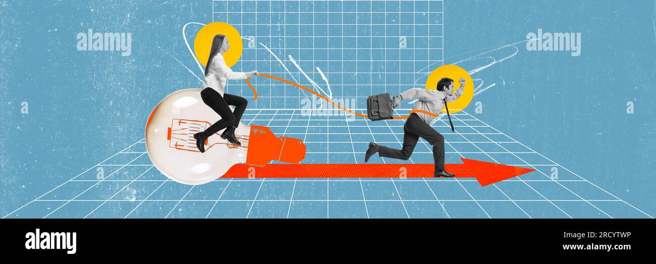 Contemporary art collage. Motivated and ambitious employees showing ...