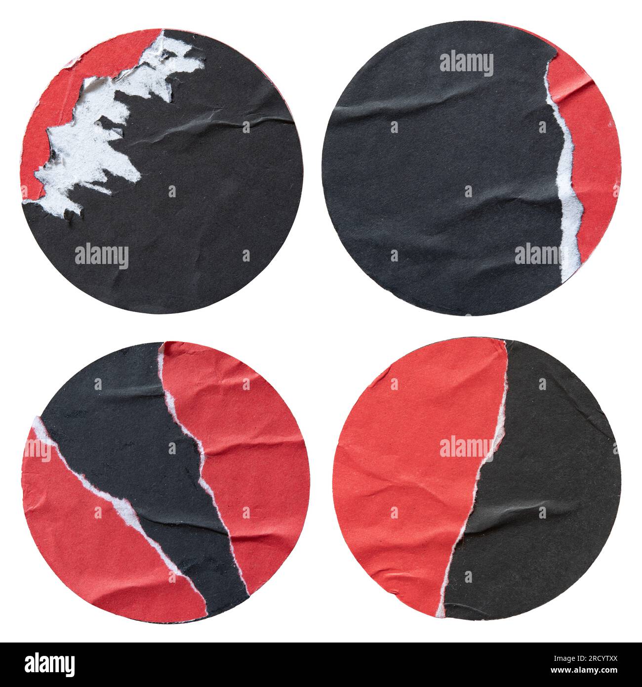 Torn round red and black paper stickers on white background with ...