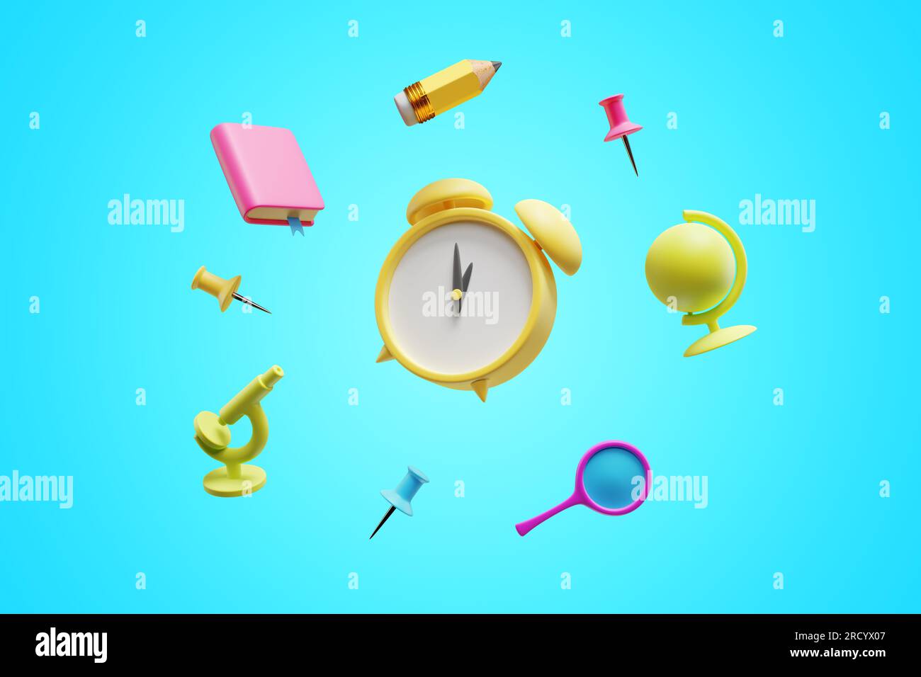 Back to school. Cartoon alarm clock surrounded by educational elements ...