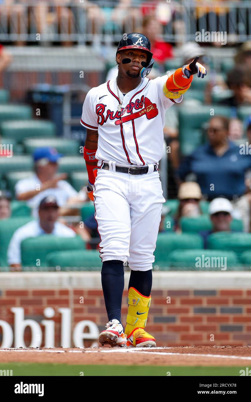 Atlanta Braves right fielder Ronald Acuna Jr. (13) gestures to the ...
