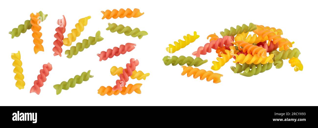 raw Fusilli colored pasta, isolated on white background with full depth ...