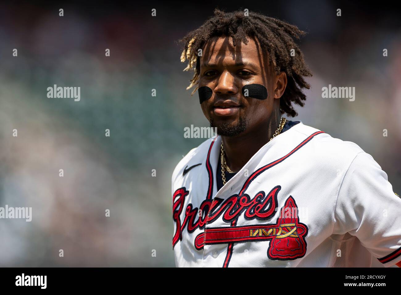 Atlanta Braves right fielder Ronald Acuna Jr. (13) looks on during a ...