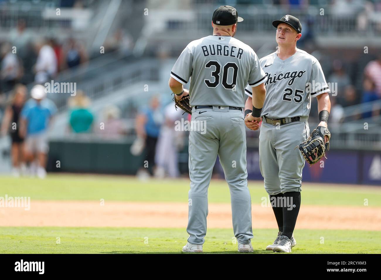 Chicago White Sox first baseman Andrew Vaughn (25) celebrates a team ...