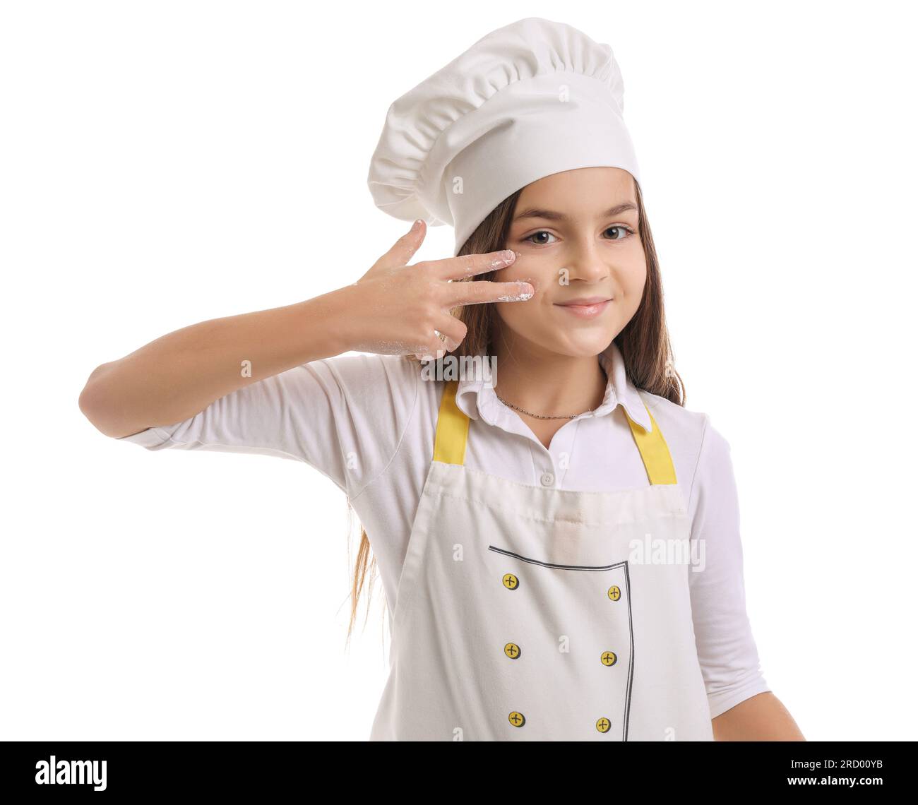 Little baker with flour on white background Stock Photo - Alamy