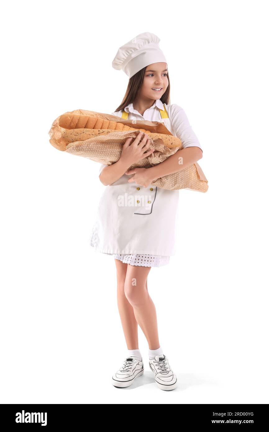 Little baker with fresh baguettes on white background Stock Photo - Alamy