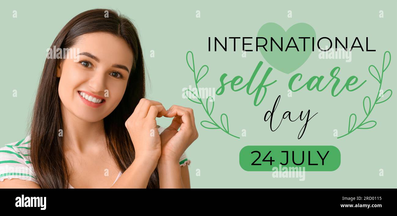 Banner for International Self Care Day with happy woman making heart ...