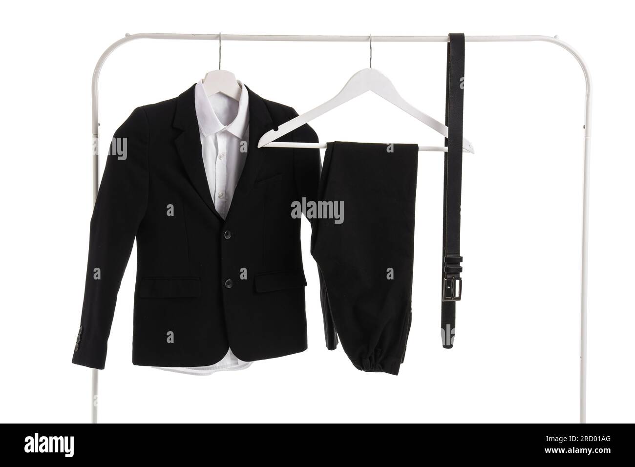 Rack with stylish black school uniform on white background Stock Photo ...