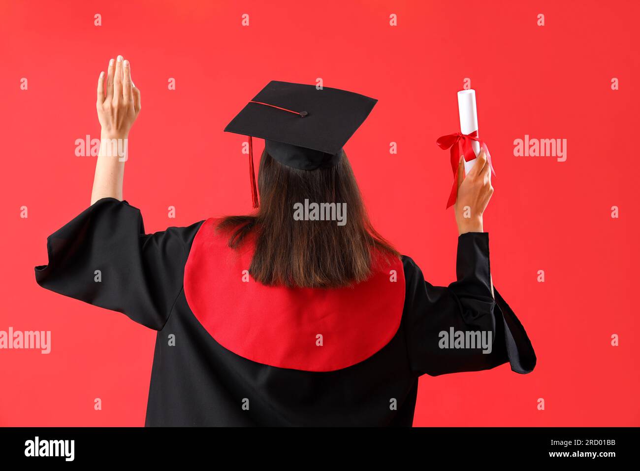 Female graduate student with diploma on red background, back view Stock ...