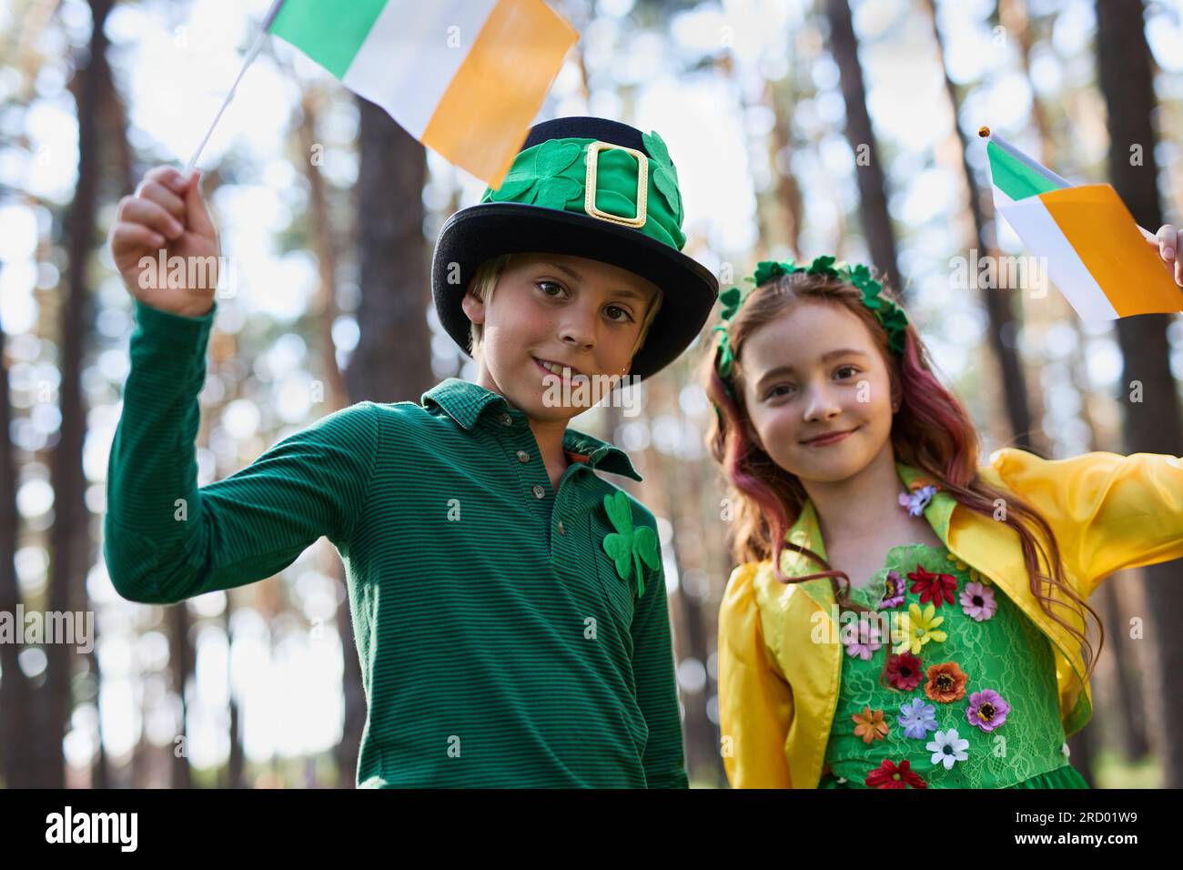 Happy kids celebrating St Patricks Day on the 7th of March. Portrait of ...