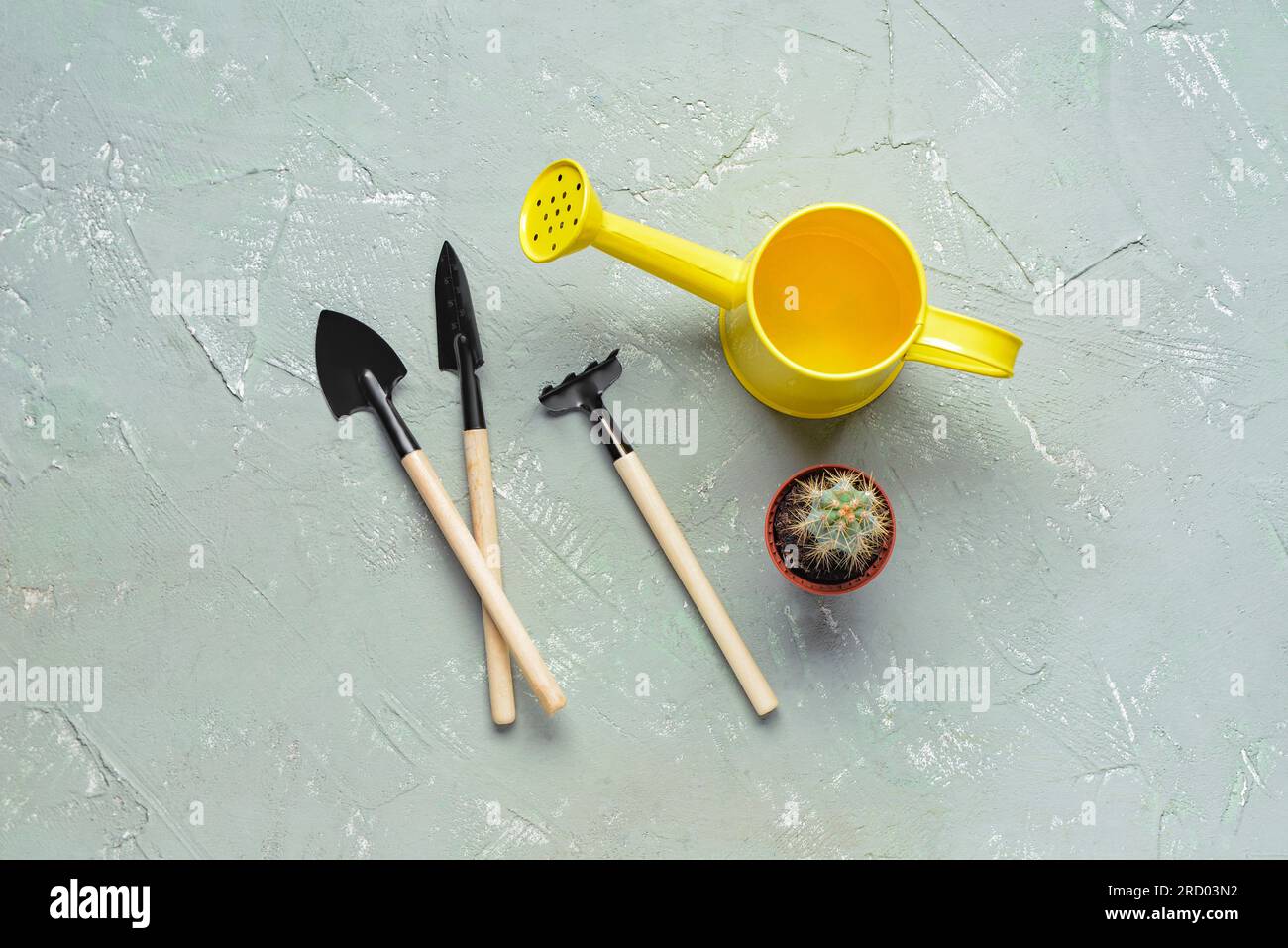 Gardening rake, shovels and watering can on grey grunge background ...