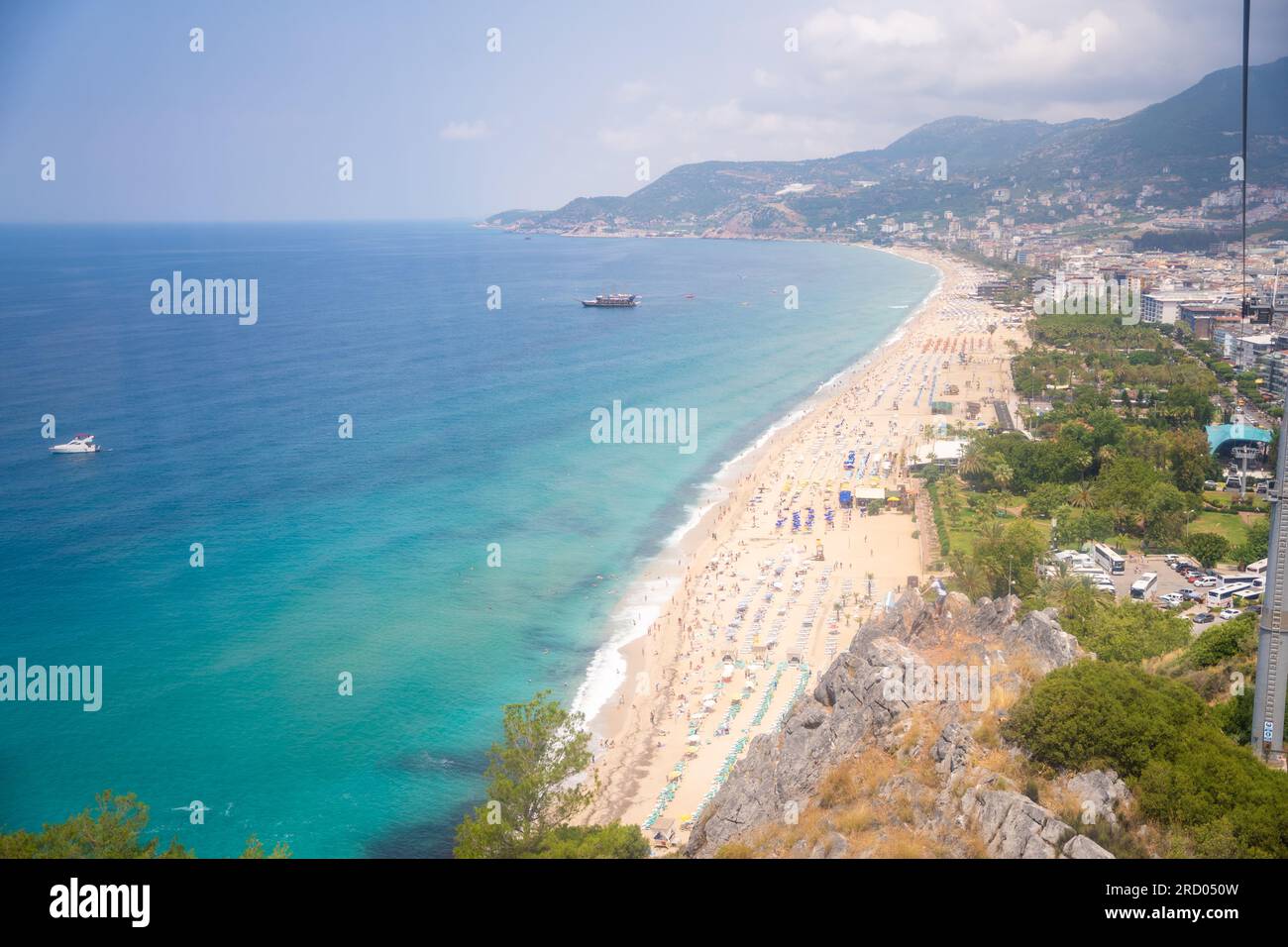 Aerial view of Cleopatra beach and Alanya from the cable car to Alanya ...