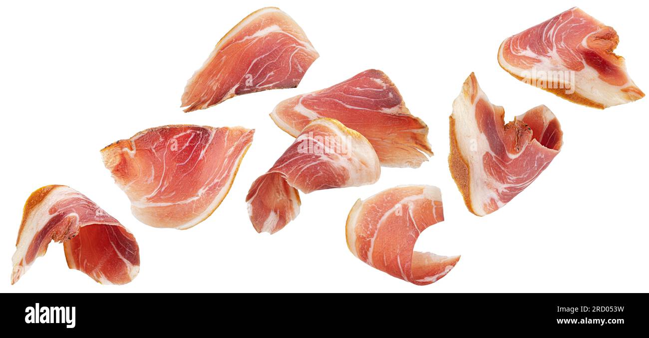 Falling bacon strips isolated on white background Stock Photo - Alamy