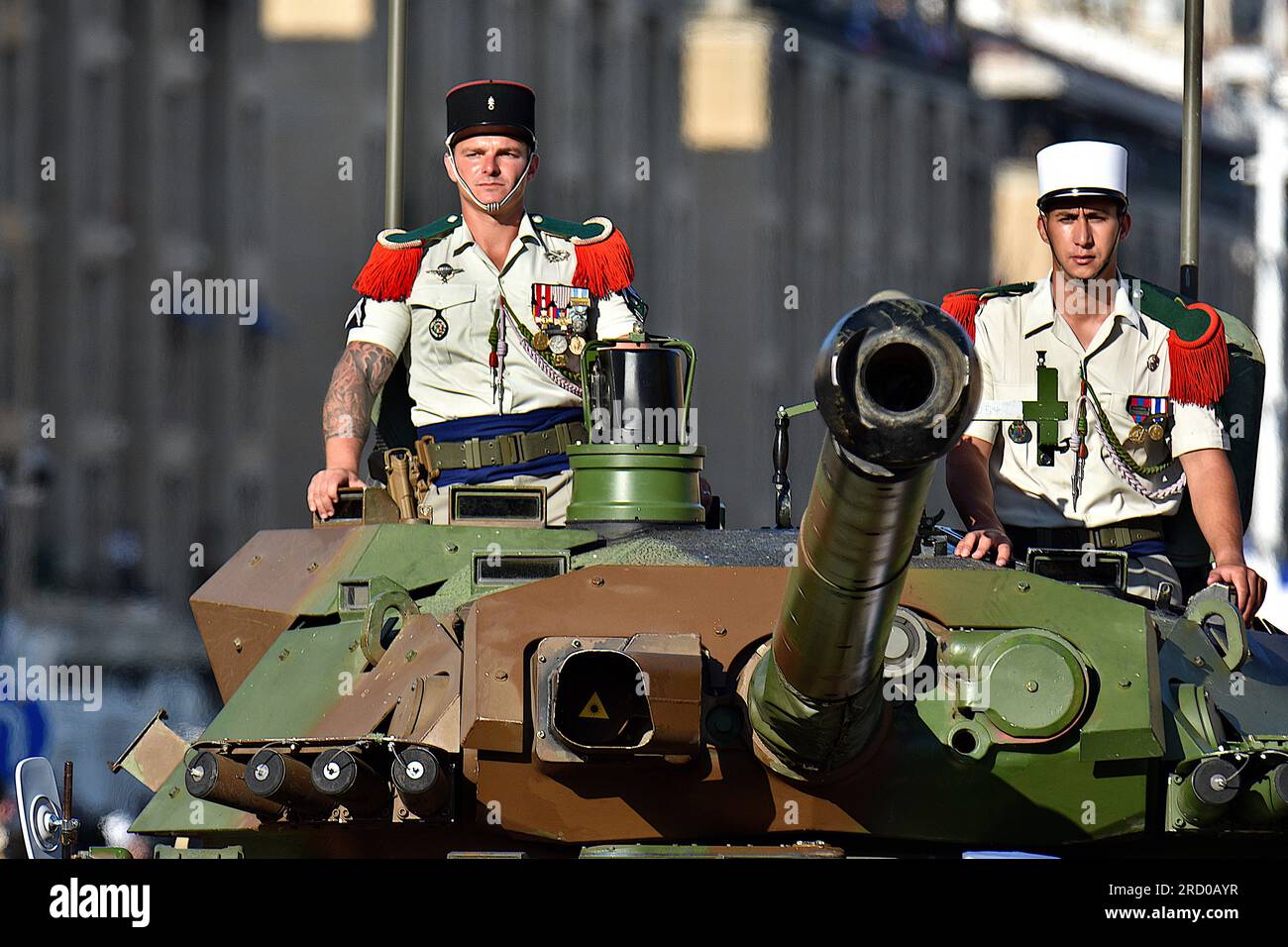 Soldiers on a military battle tank parade at the Old Port of Marseille ...