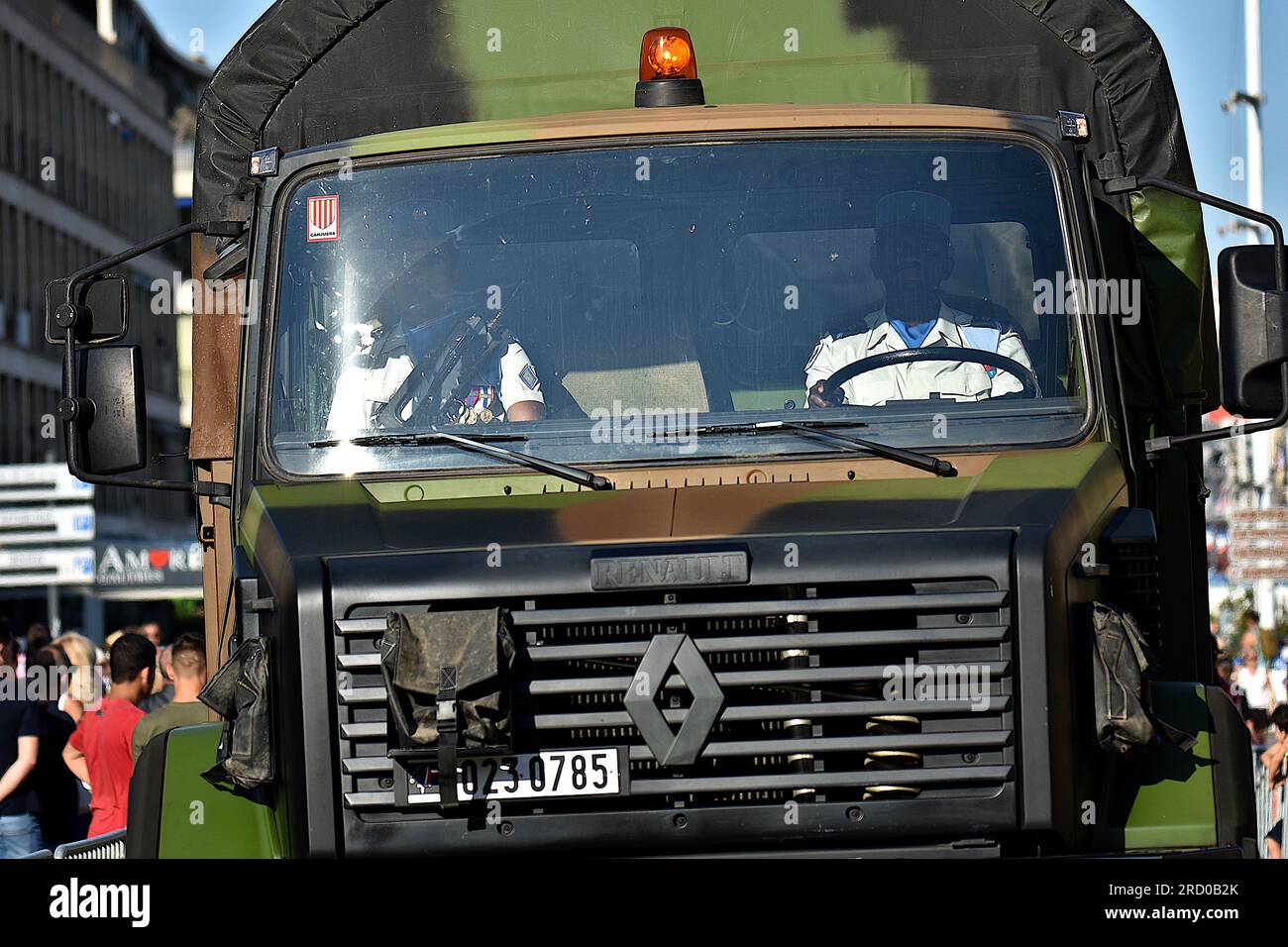 A military troop transport truck parade at the Old Port of Marseille ...