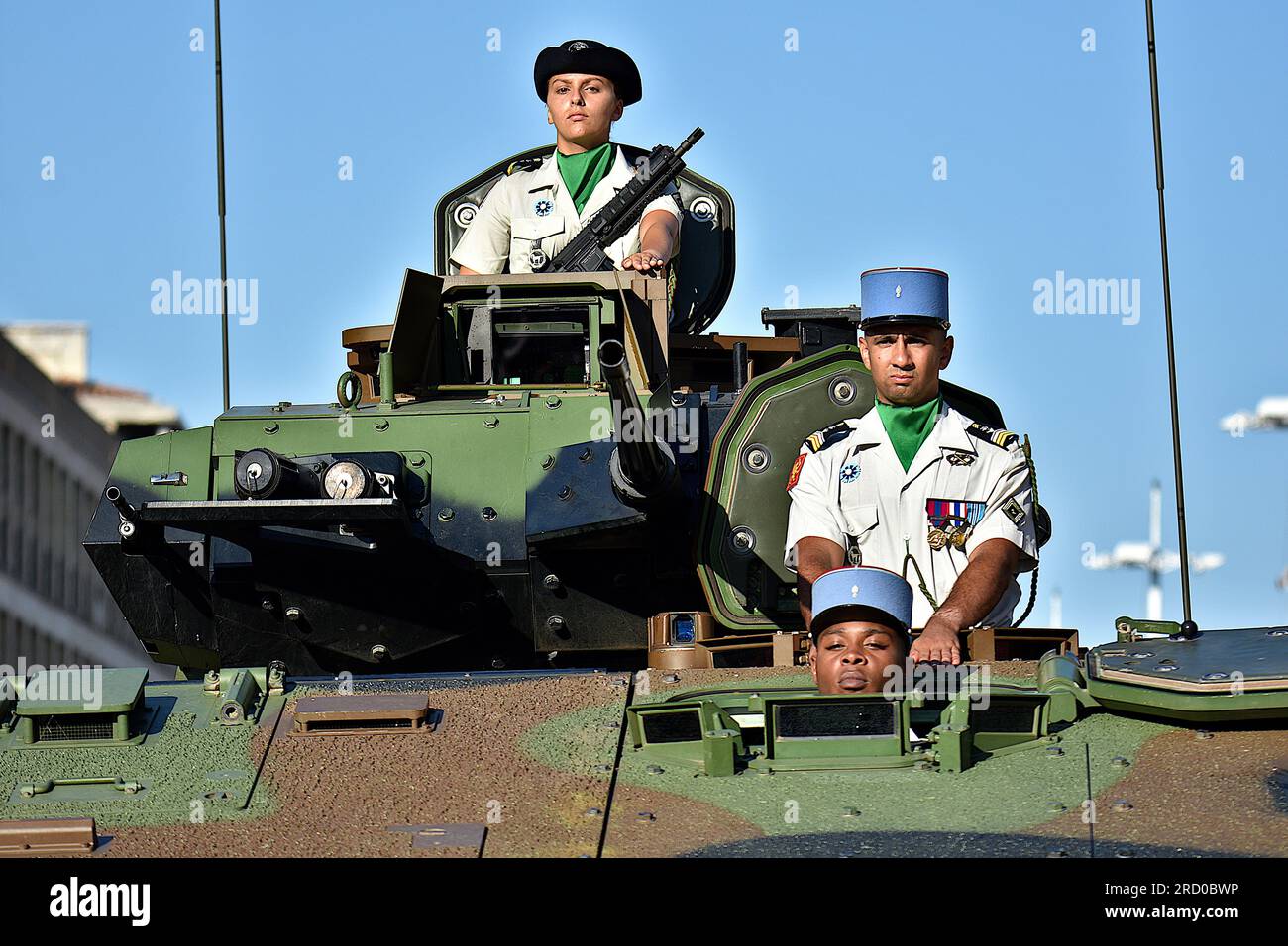 Marseille, France. 14th July, 2023. Soldiers on an armored military ...