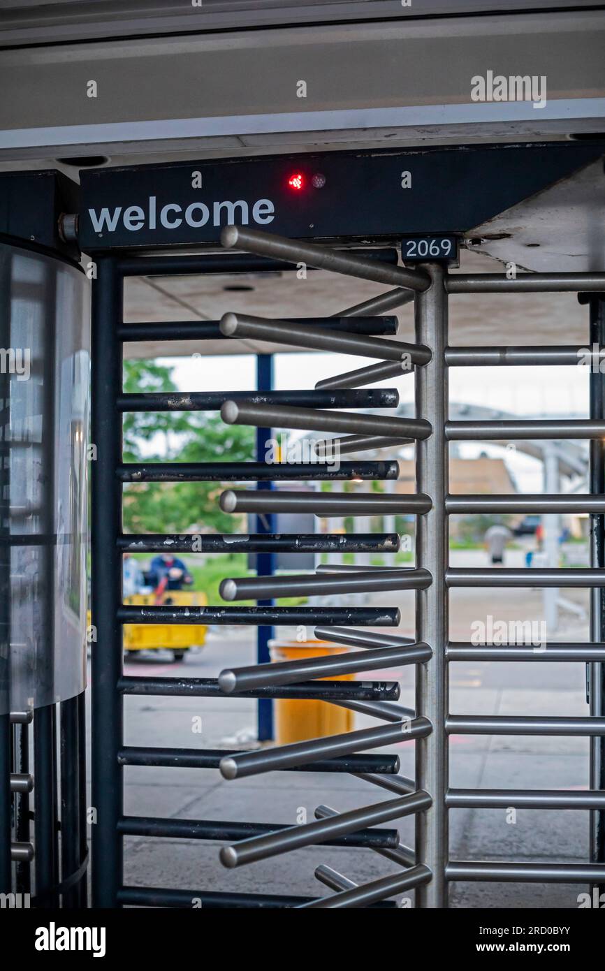Sterling Heights, Michigan - Turnstiles greet auto workers entering or ...