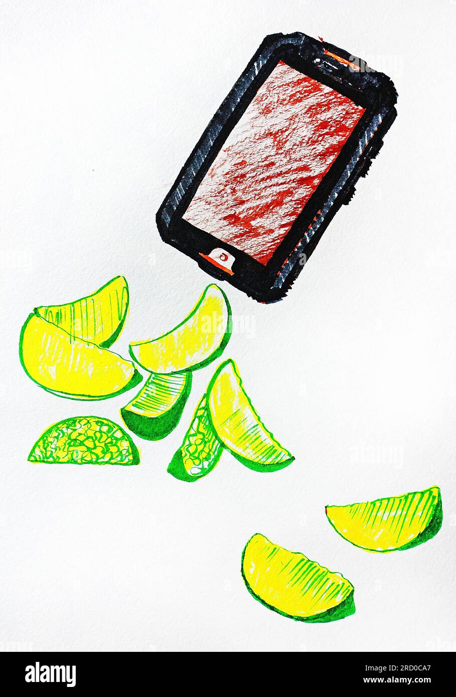 smartphone with slices of green apples on a white background ...