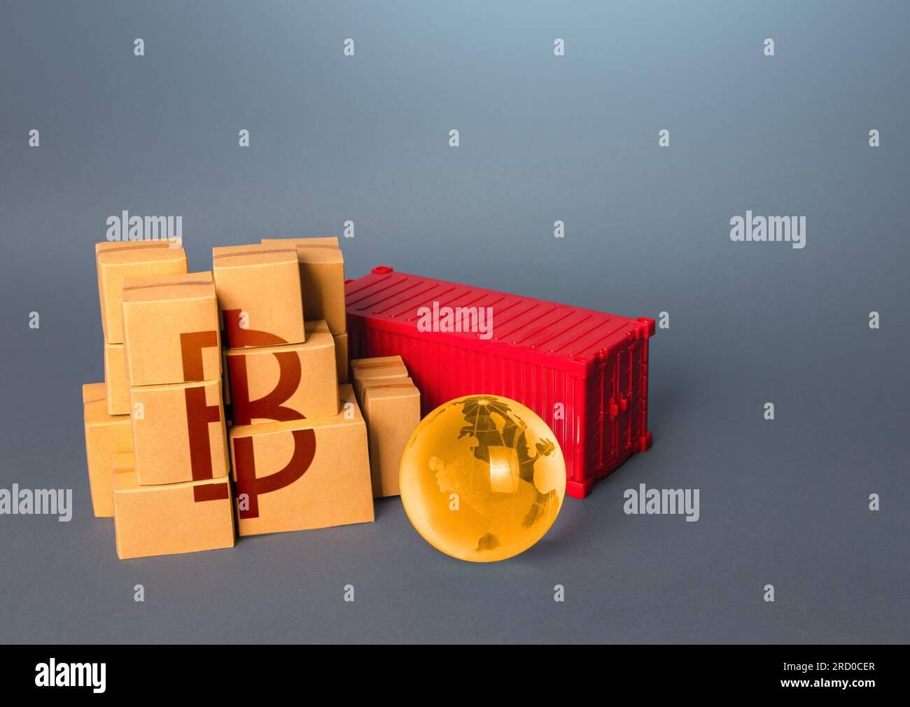 Boxes of goods and thai baht symbol. Production, warehousing storage ...