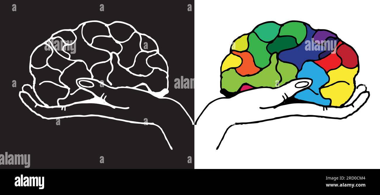 brain hold hands black and white and colorful drawing, psychology ...