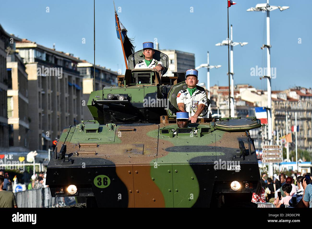 Marseille, France. 14th July, 2023. Soldiers on an armored military ...