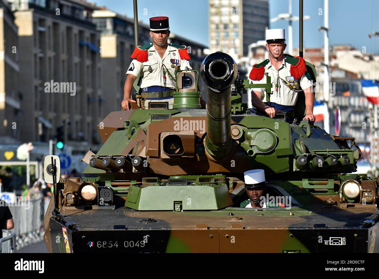 Marseille, France. 14th July, 2023. Soldiers on a military battle tank ...
