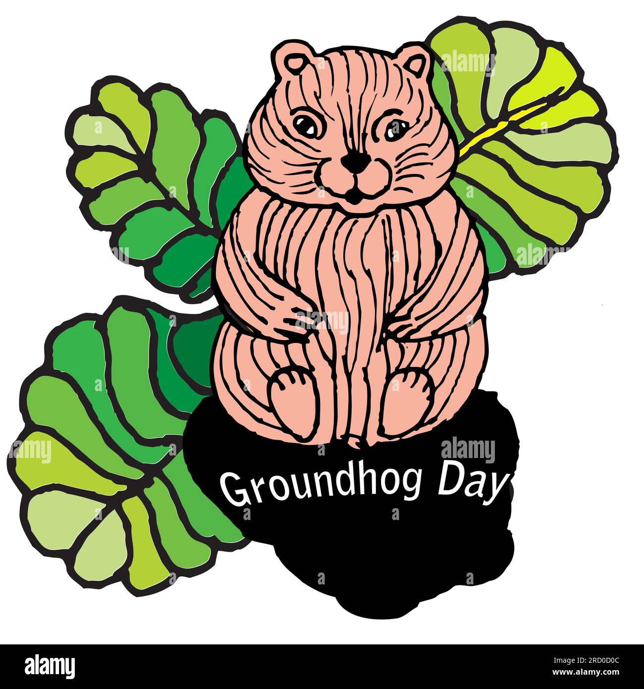 happy groundhog day with green leaves and its shadow vector, isolate ...