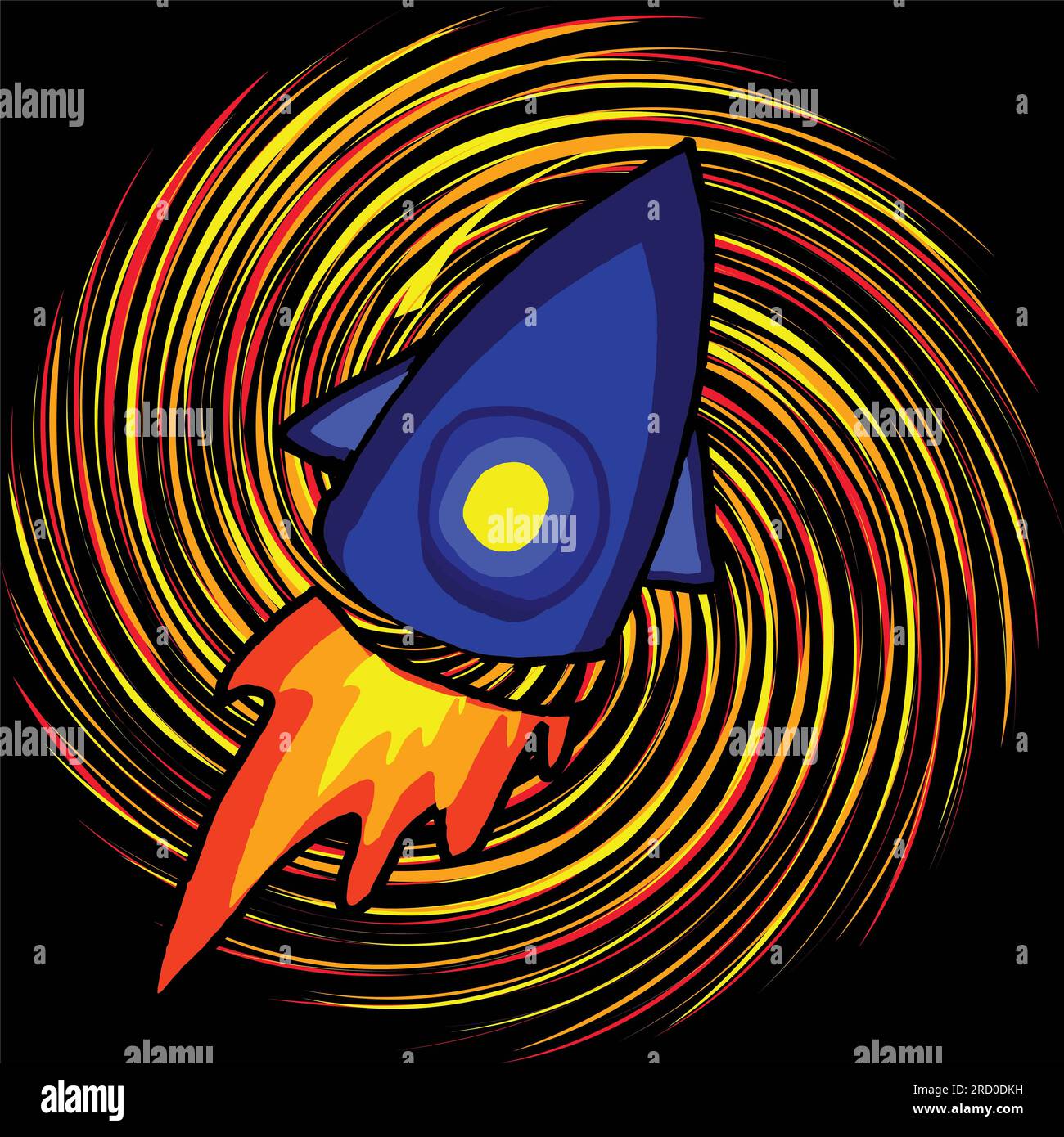 stylized flying rocket on a black background surrounded by a shining ...
