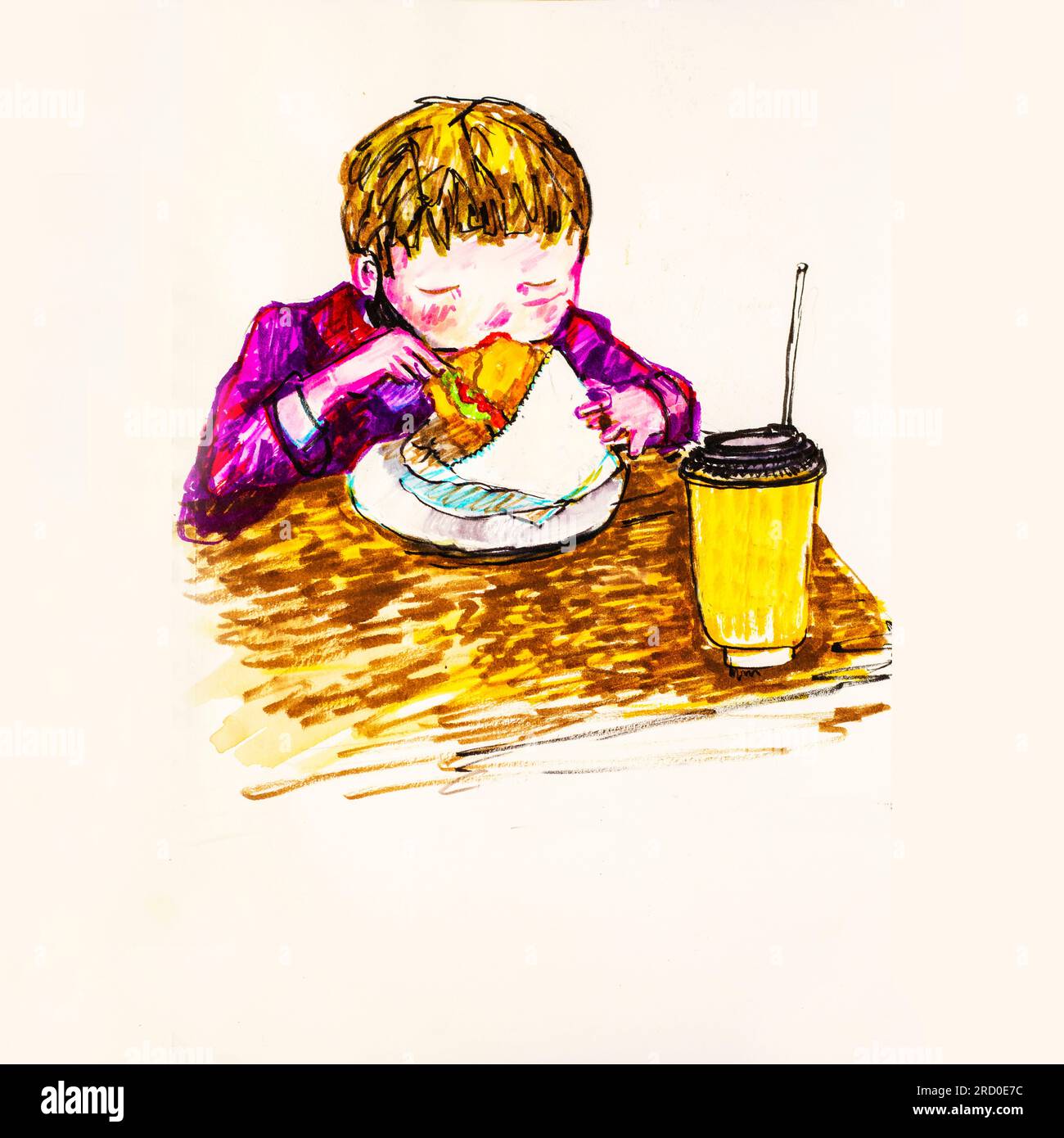 boy with blond hair eating a croissant with a drink in a cafe ...