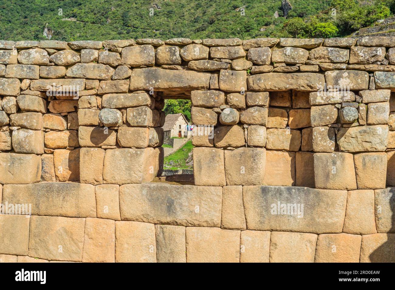 Stone walls of building ruins around Machu Picchu ruins in Peru Stock ...