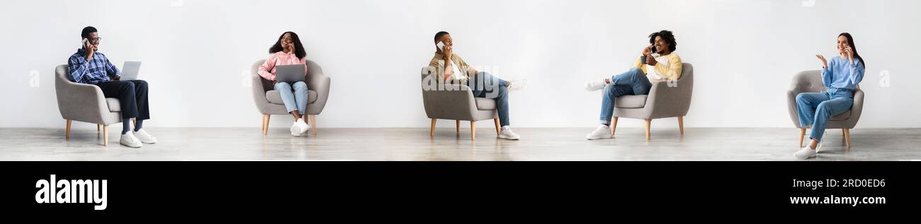 Collage With Multiethnic People Talking On Phones Using Laptops Indoor ...