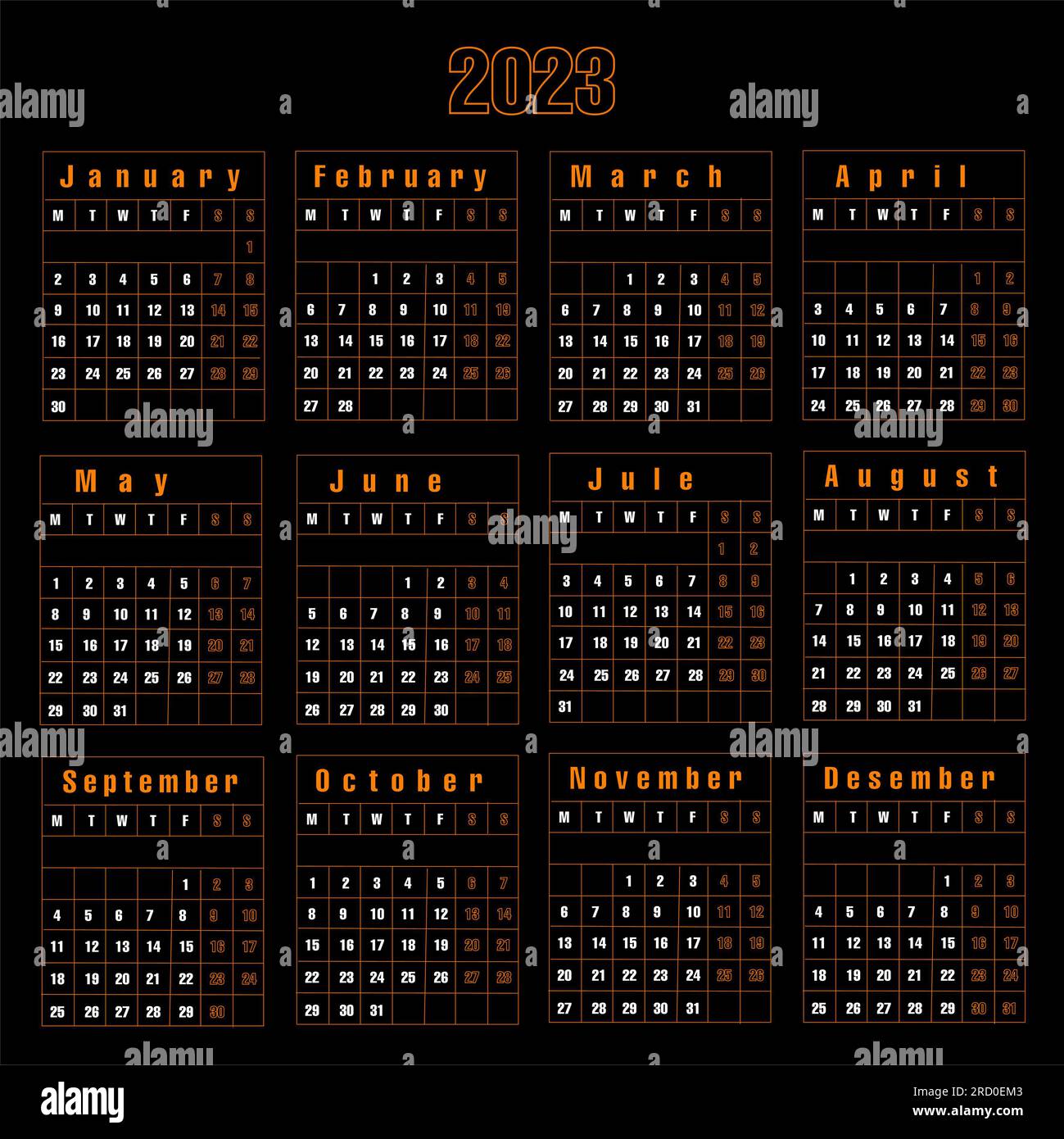 golden calendar 2023 on a black background. vector illustration Stock ...