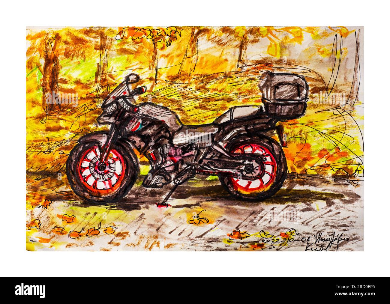 hand-drawn red motorcycle on a background of yellow foliage, watercolor ...