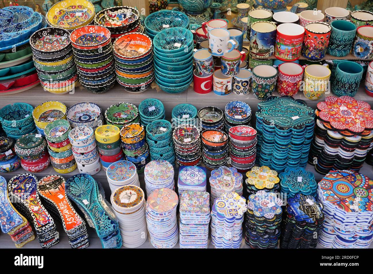 top view of Turkish traditional design ceramic plates in Old Bazaar in ...