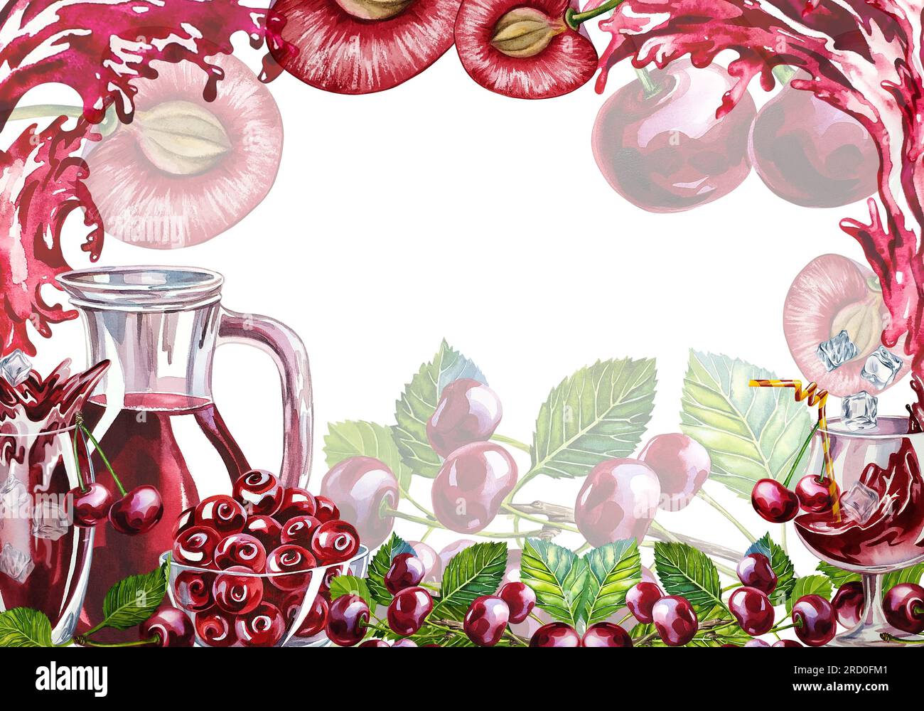 Frame with cherry juice in a glass and decanter. Watercolor hand drawn ...