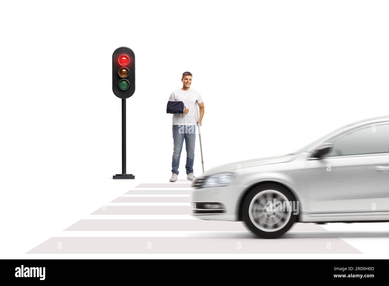 Full length portrait of a young man with a broken arm wearing an arm ...