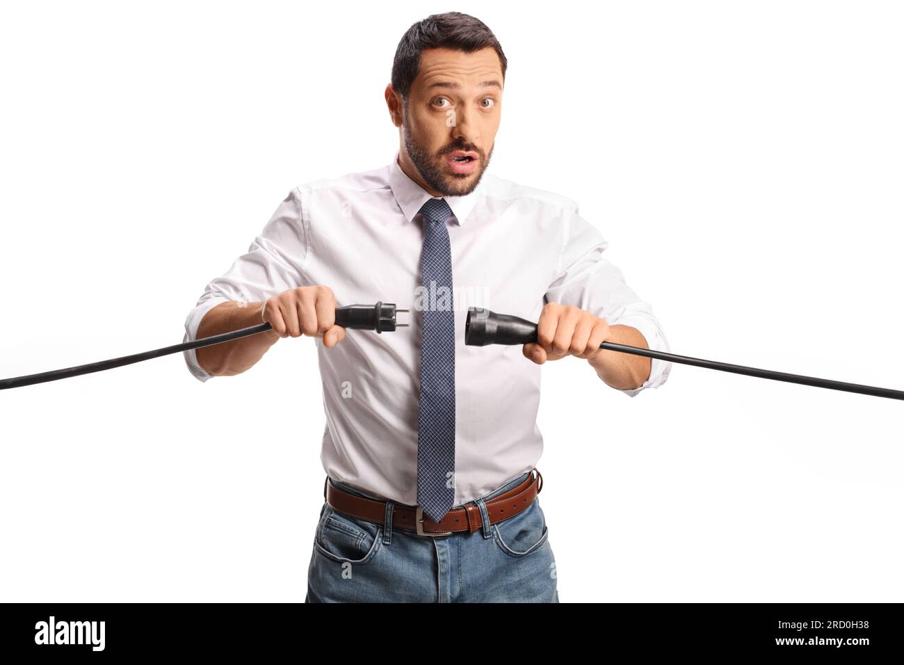 Serious man unplugging cables isolated on white background Stock Photo ...
