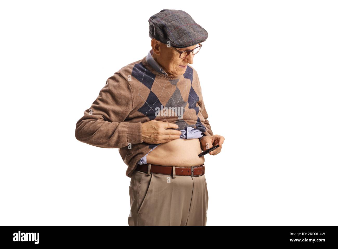 Elderly man poking abdomen with an insulin pen isolated on white ...
