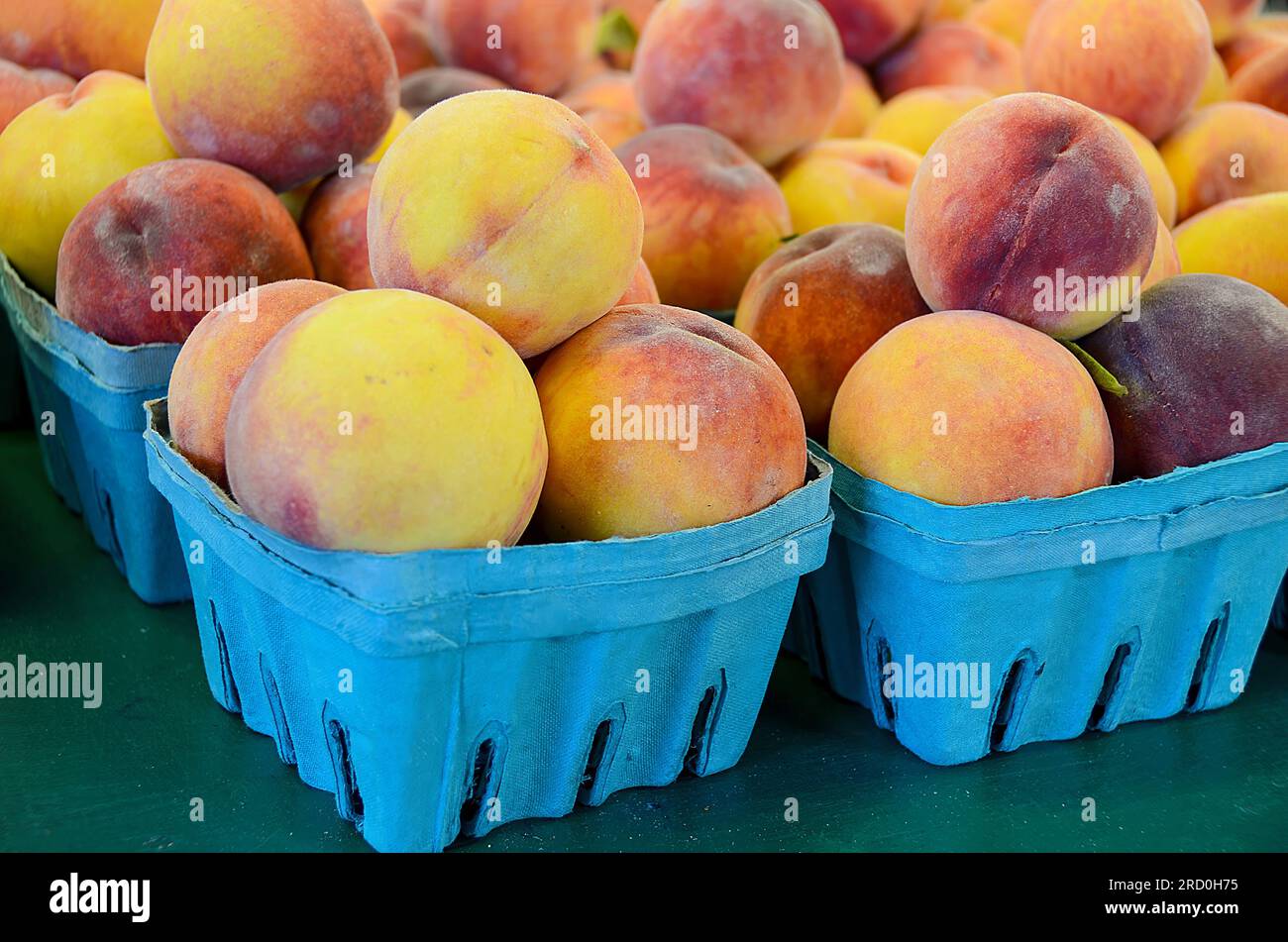 Close-up of fresh peaches in blue produce boxes at the market Stock ...