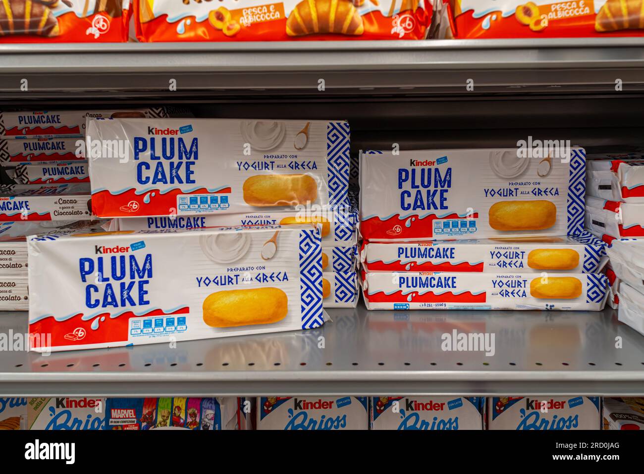 Italy - July 17, 2023: Plum Cake Kinder Ferrero prepared with Greek ...