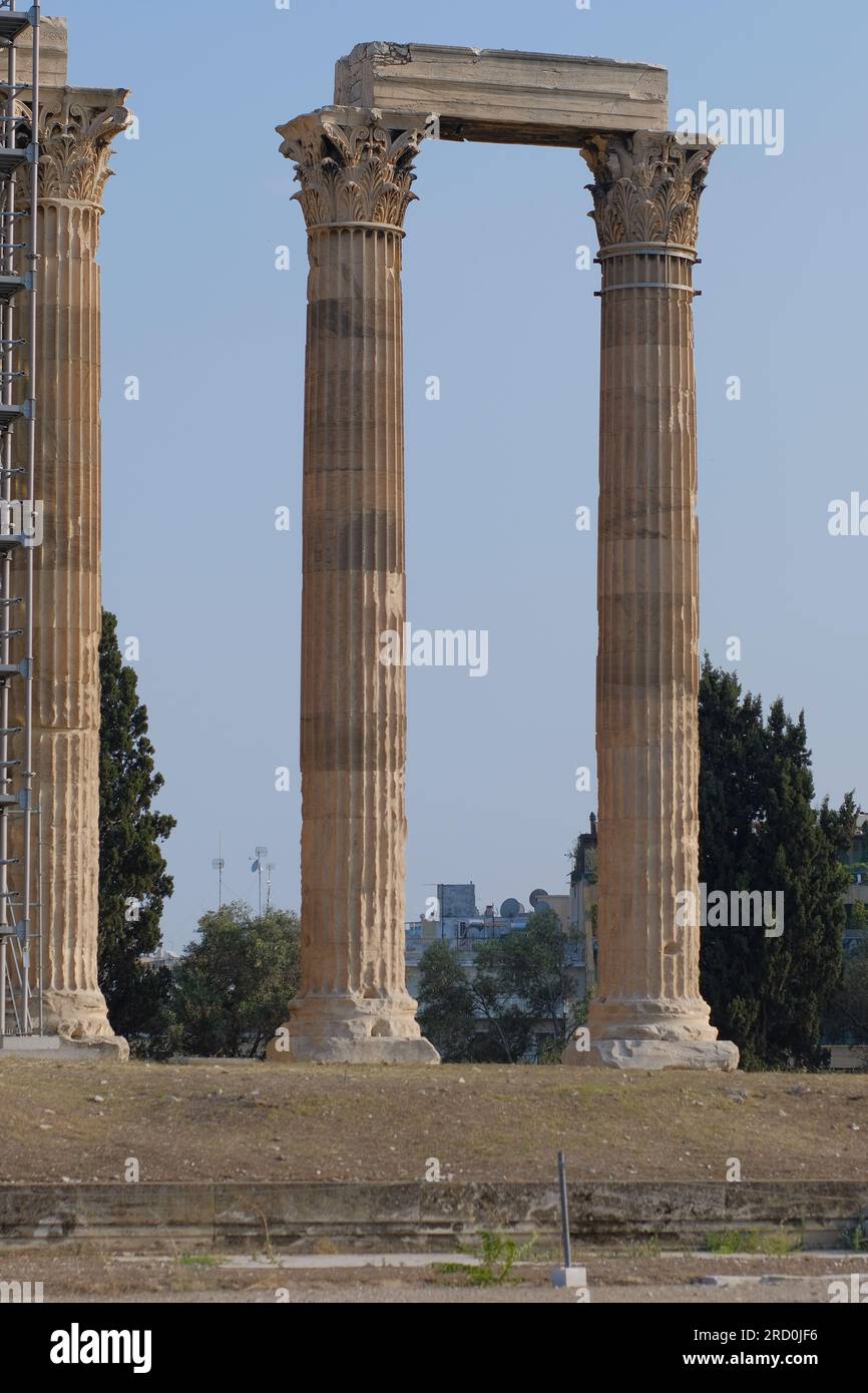 Ancient Greek columns restored on old ruins in Athens, Greece Stock ...
