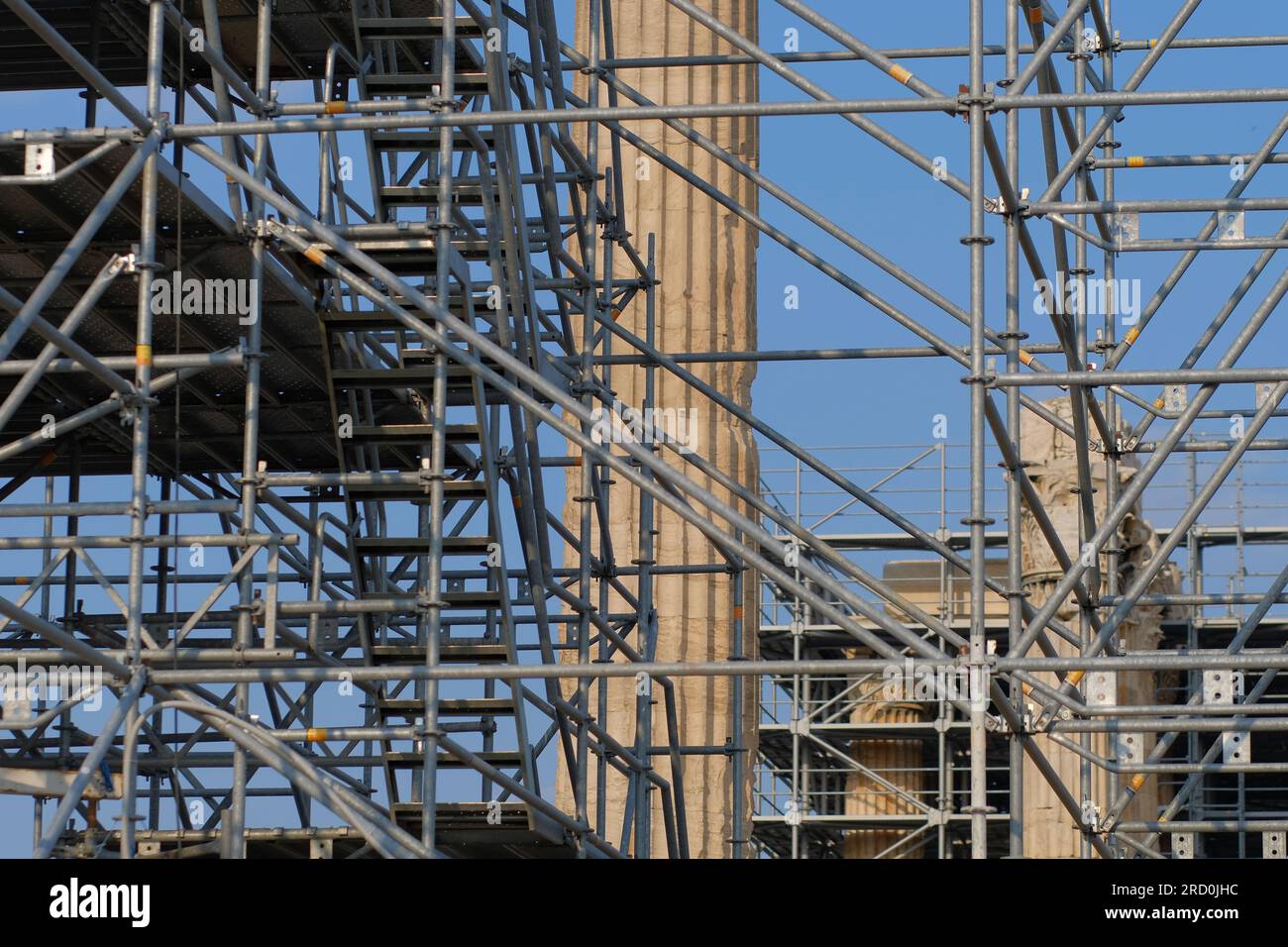 scaffold built between ancient reconstruction columns in Athens Greece ...